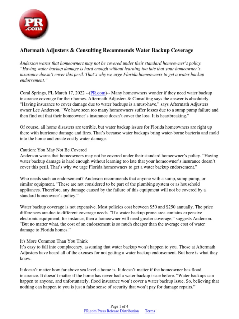 Aftermath Adjusters & Consulting Recommends Water Backup Coverage | PDF ...