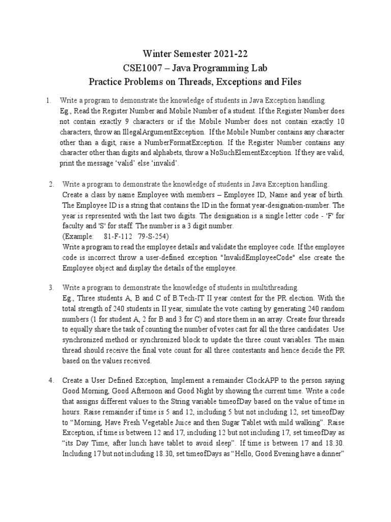 Winter Semester 2021-22 CSE1007 - Java Programming Lab Practice Problems On Threads, Exceptions ...