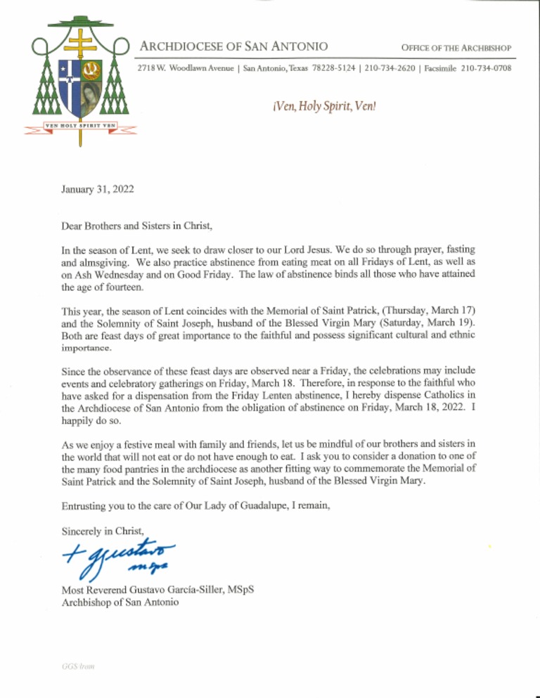 San Antonio Archbishop's Letter of Dispensation | PDF