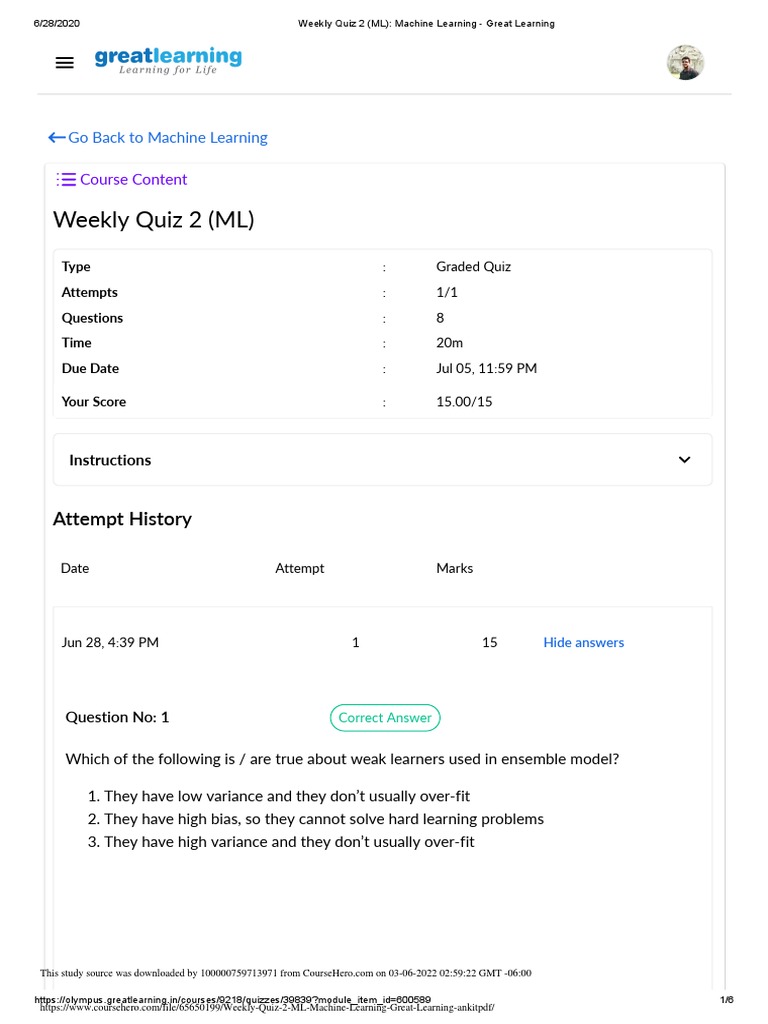 Weekly Quiz 2 ML Machine Learning Great Learning Ankit PDF | PDF ...