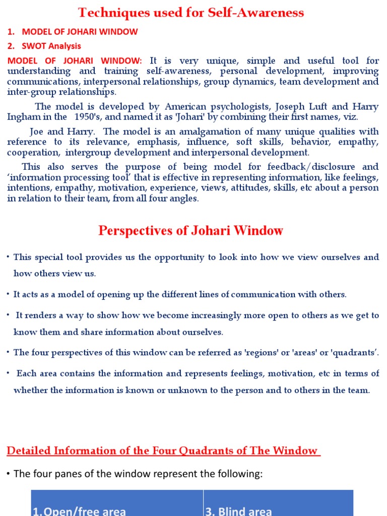 Techniques Used For Self-Awareness-II | PDF | Swot Analysis | Attitude ...