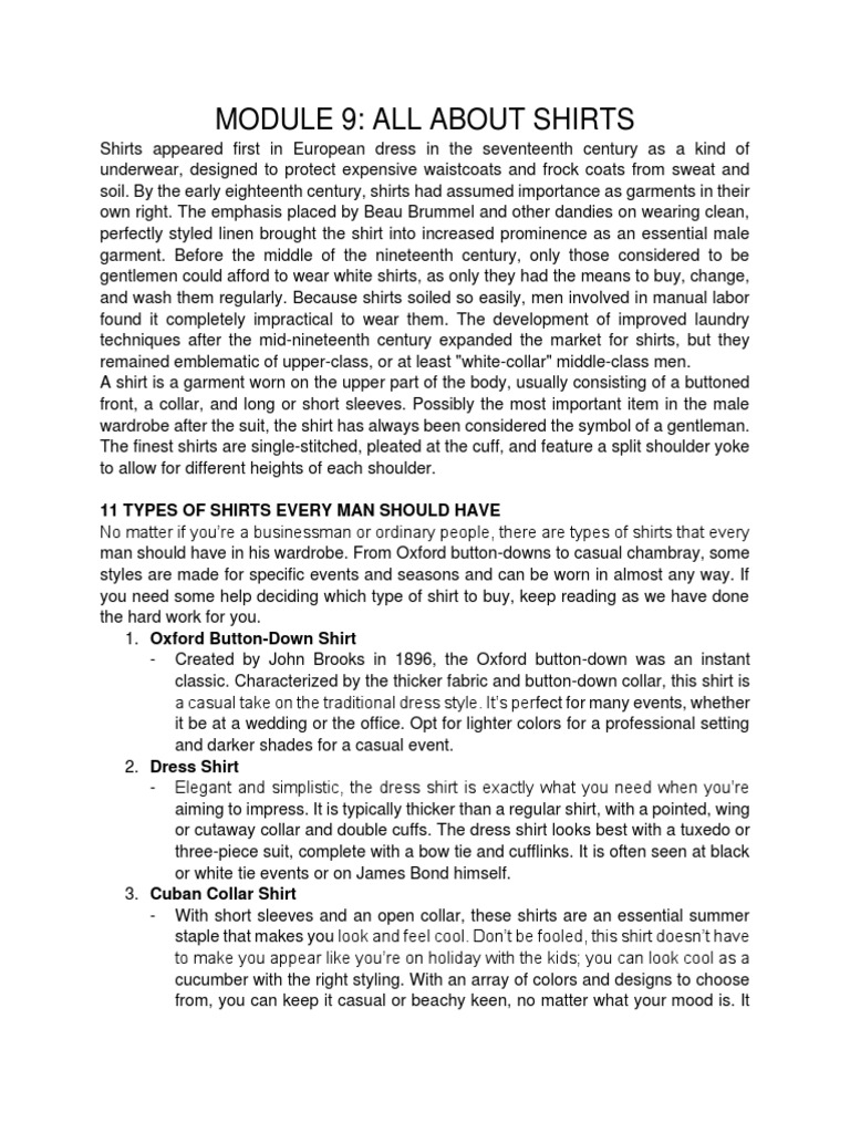 Dressmaking and Tailoring MODULE 9: ALL ABOUT SHIRTS | PDF | Shirt ...