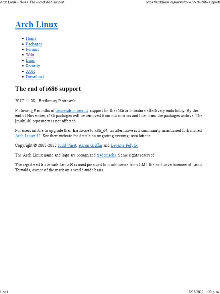 Arch Linux: The End of I686 Support | PDF