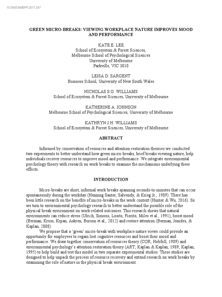 Lee 2017 Green Micro-Breaks - Viewing Workplace Nature Improves Mood ...