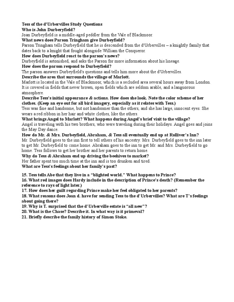 Tess Study Questions | PDF | Tess Of The D'urbervilles