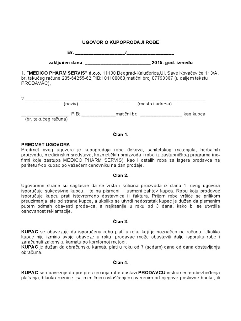 Ugovor o Kupoprodaji Robe 2015 | PDF