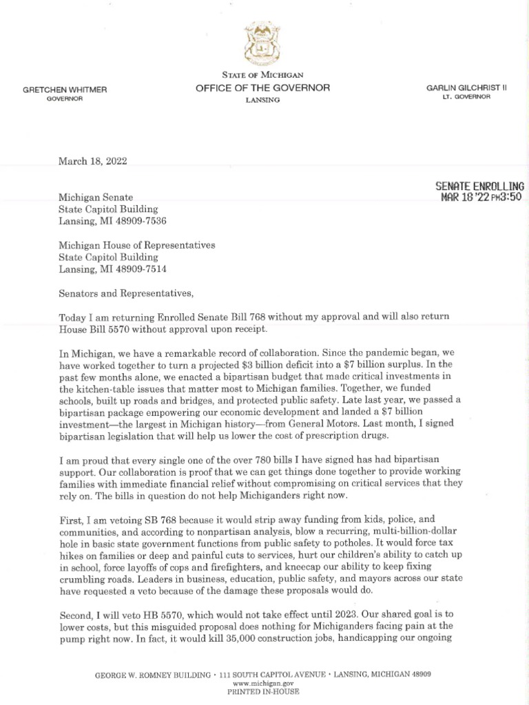 Gov. Whitmer Letter To Michigan Senators and Representatives | PDF