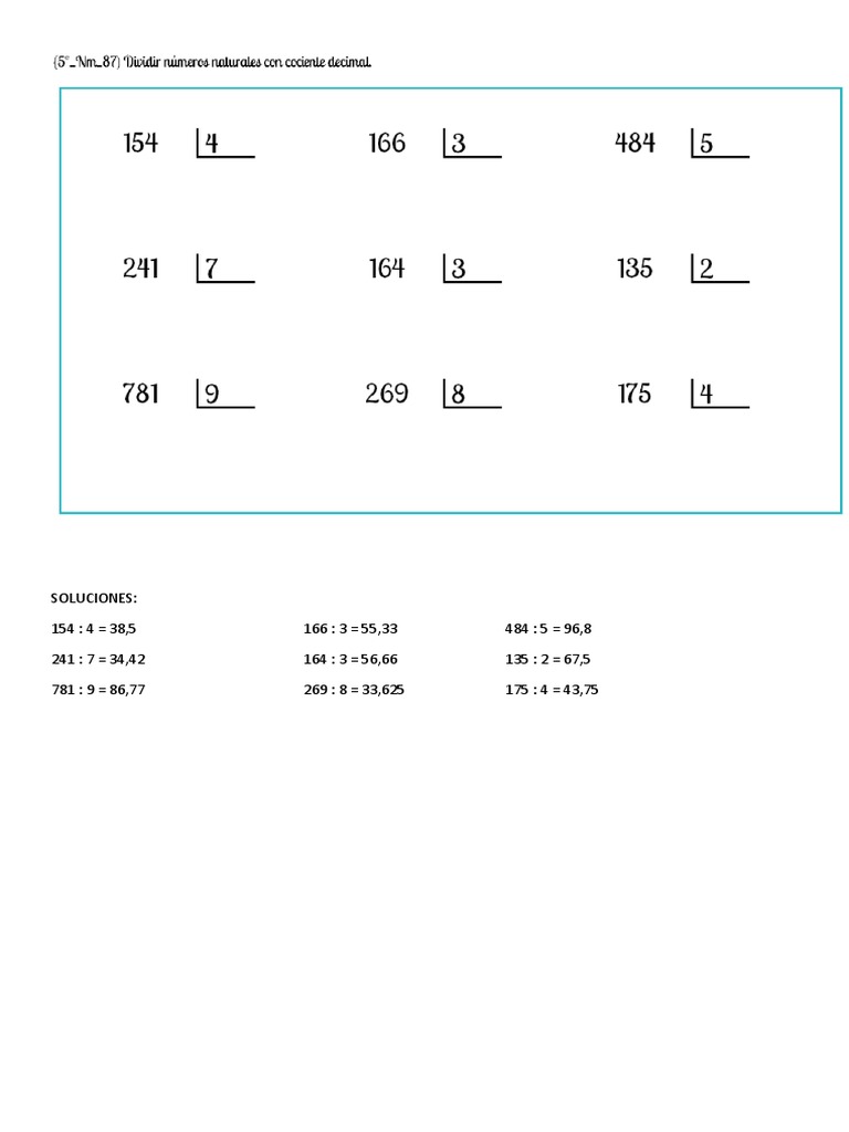 División De Decimales Matemáticas De Quinto Grado