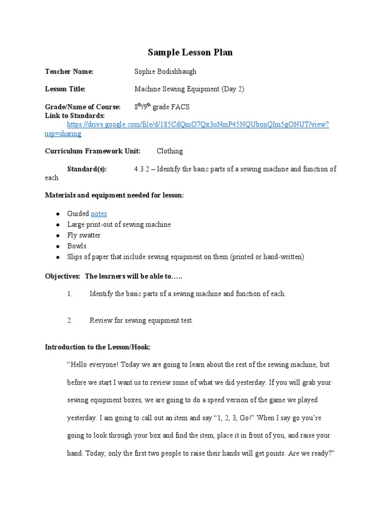 Sample Lesson Plan 1 | PDF | Sewing Machine | Textile Arts
