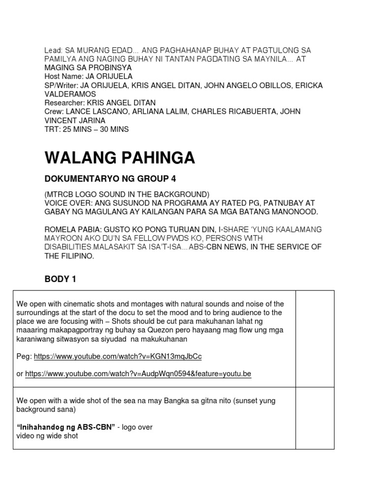 Walang-Pahinga Docu. Script Group-4 | PDF