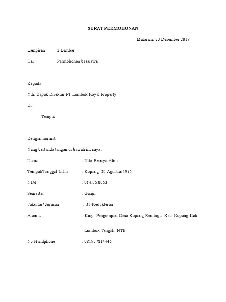 SURAT PERMOHONAN Beasiswa Afna | PDF