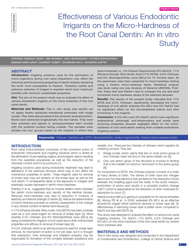 Effectiveness of Various Endodontic Irrigants On The Micro-Hardness of The Root Canal Dentin: An ...