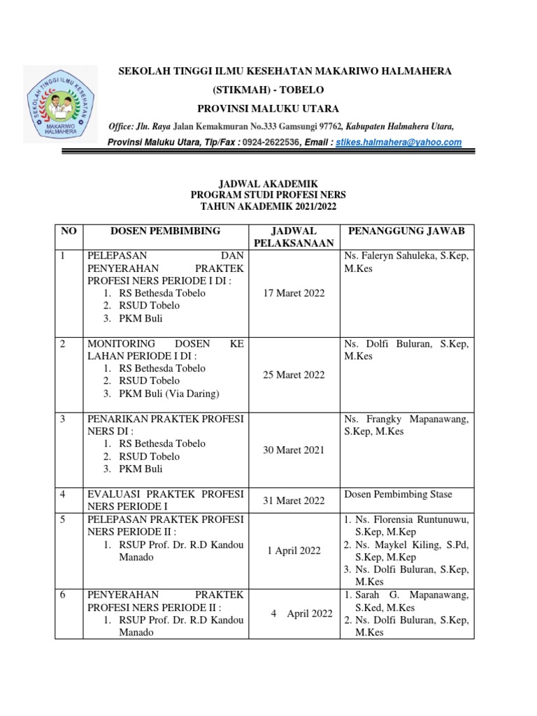 Revisi Jadwal Akademik Ners 2022 | PDF