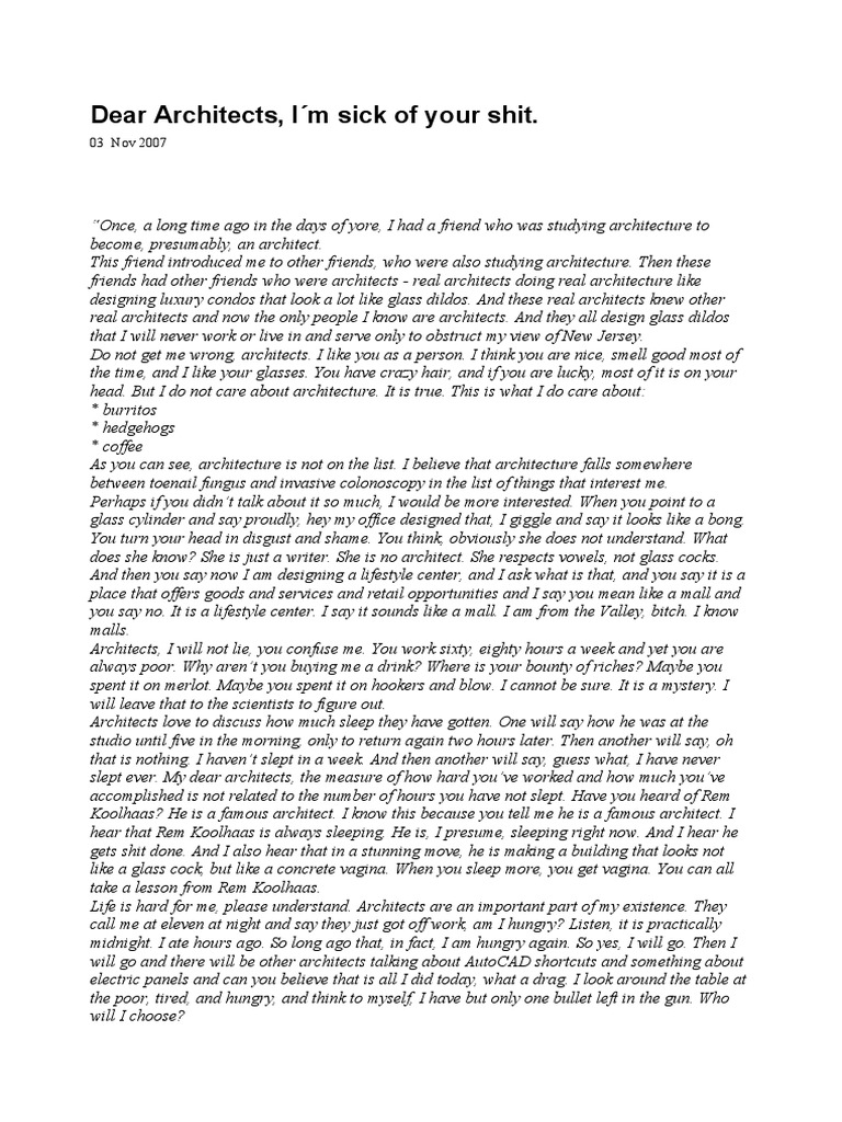 Dear Architects I'm Sick of Your Shit | PDF