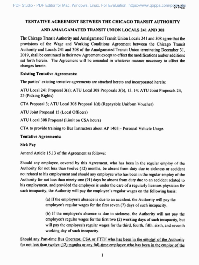 Tentative Agreement Chicago Transit Authority Amalgamated Locals | PDF ...