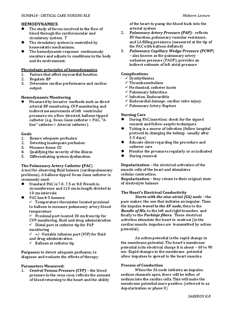 Hemodynamics: Ncmb418 - Critical Care Nursing Rle Midterm Lecture | PDF ...