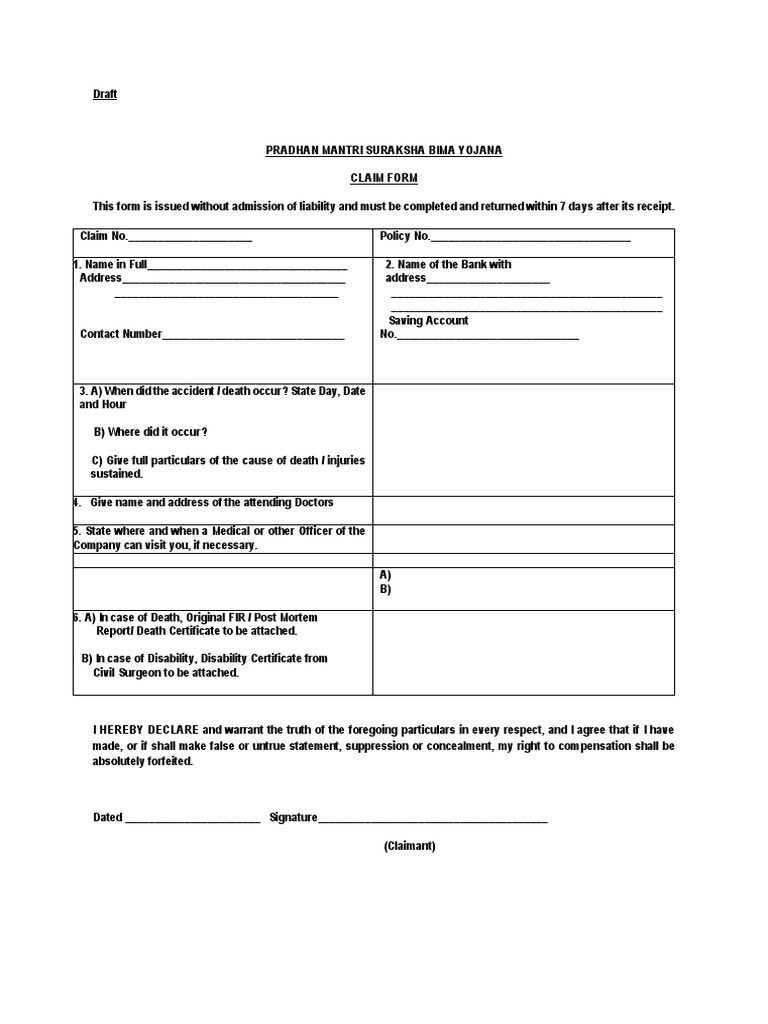 Draft of Claim Form - PMSBY | PDF