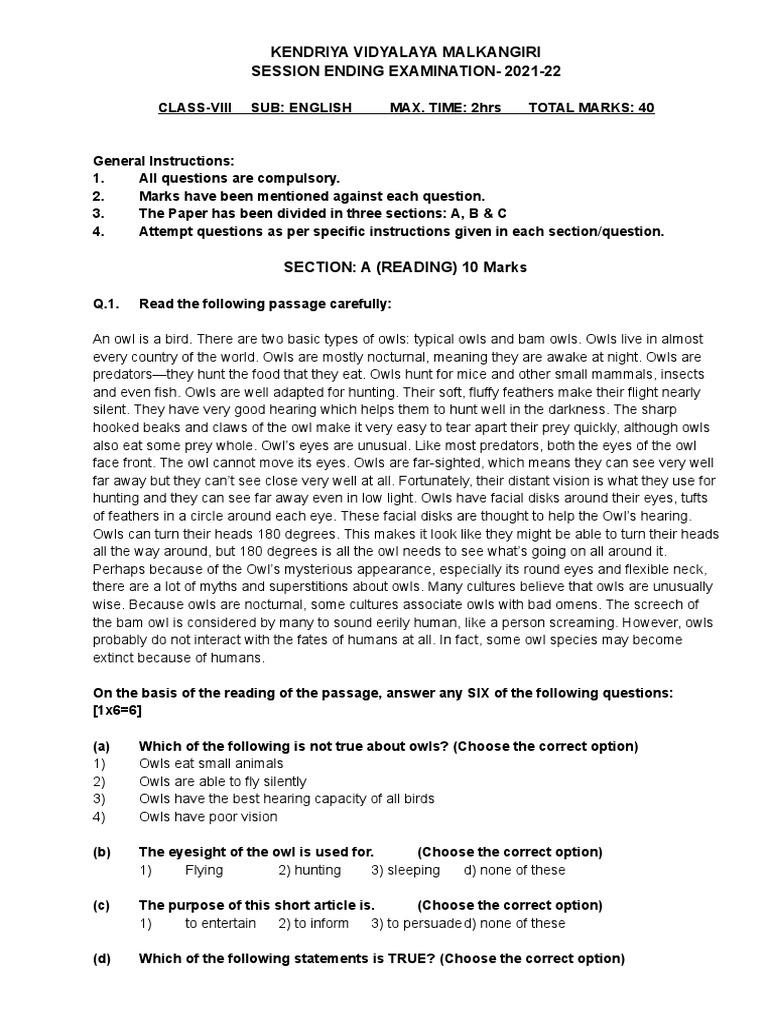 Session Ending Examination - 2021-22, Class 8 | PDF | Owl | Birds