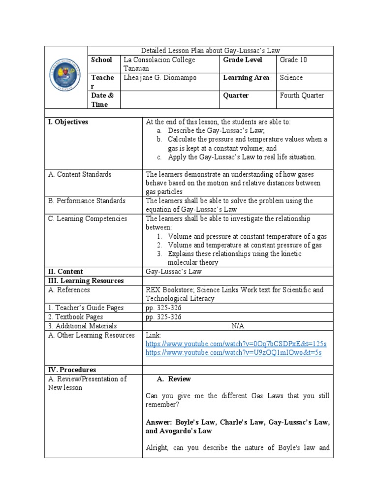 Lesson Plan About Gay Lussacs Law 1 | PDF | Gases | Temperature