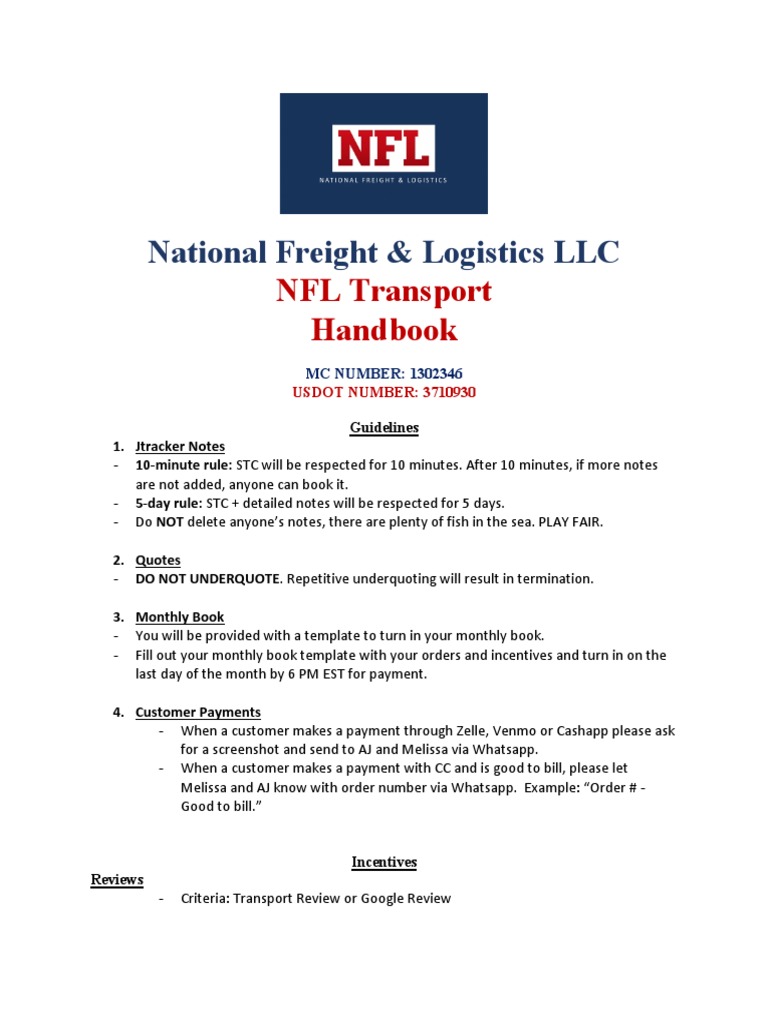 National Freight & Logistics LLC: NFL Transport Handbook | PDF ...