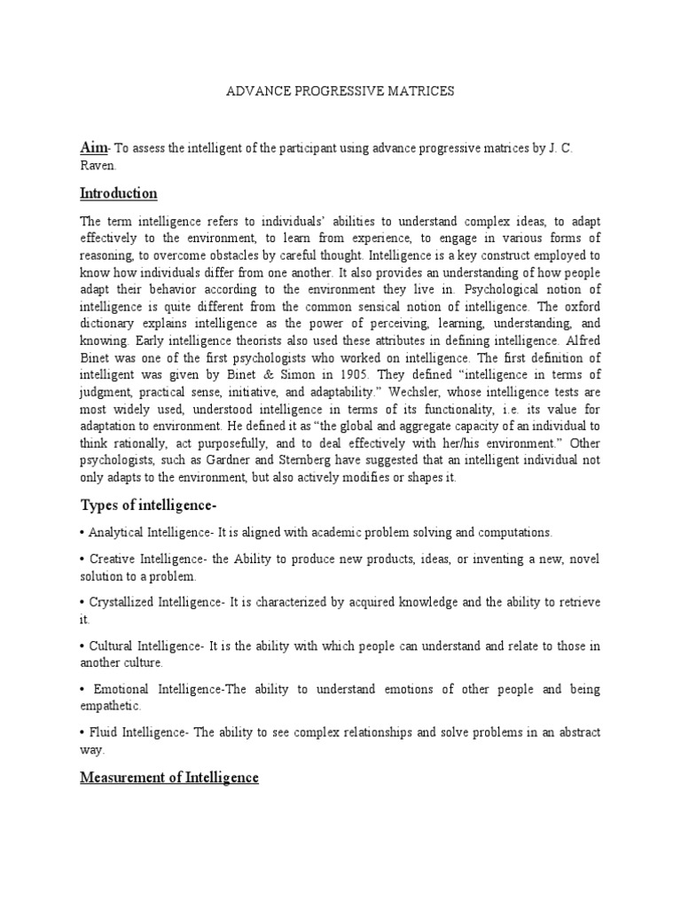 Assessing Intelligence Using Raven's Advanced Progressive Matrices: A ...
