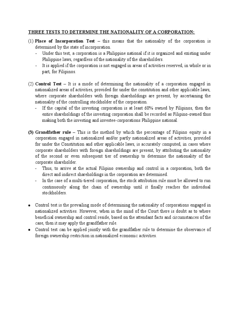 Three Tests To Determine The Nationality of A Corporation | PDF ...