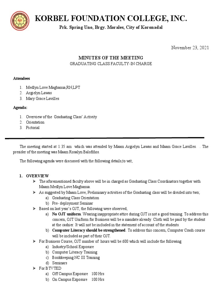 Minutes of the Graduating Class Faculty Meeting outlining Preliminary ...