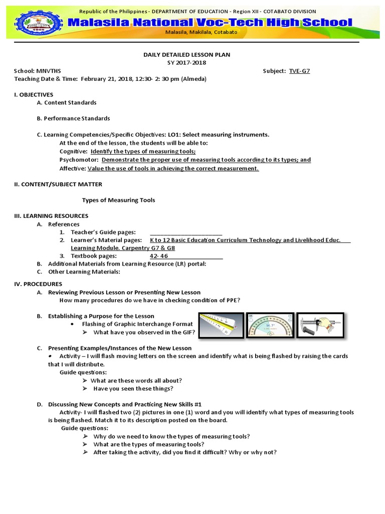 TVE Lesson Plan: Measuring Tools G7 | PDF | Lesson Plan | Learning