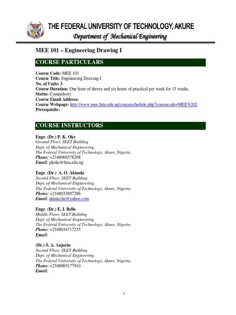 MEE 101 - Engineering Drawing I: Course Particulars | PDF | Drawing ...