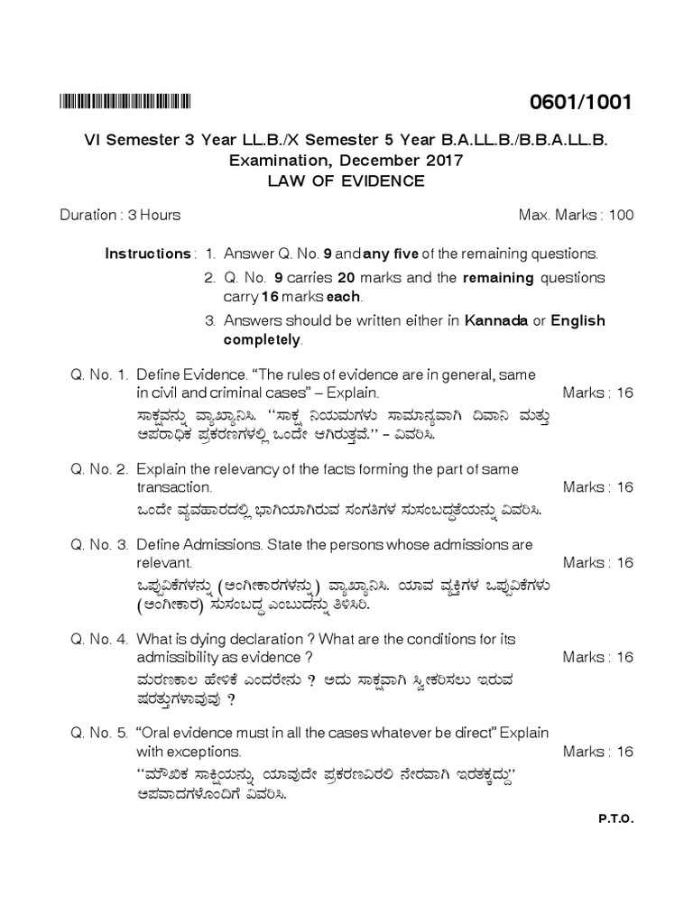 Law of Evidence Question Papers | PDF | Evidence (Law) | Evidence