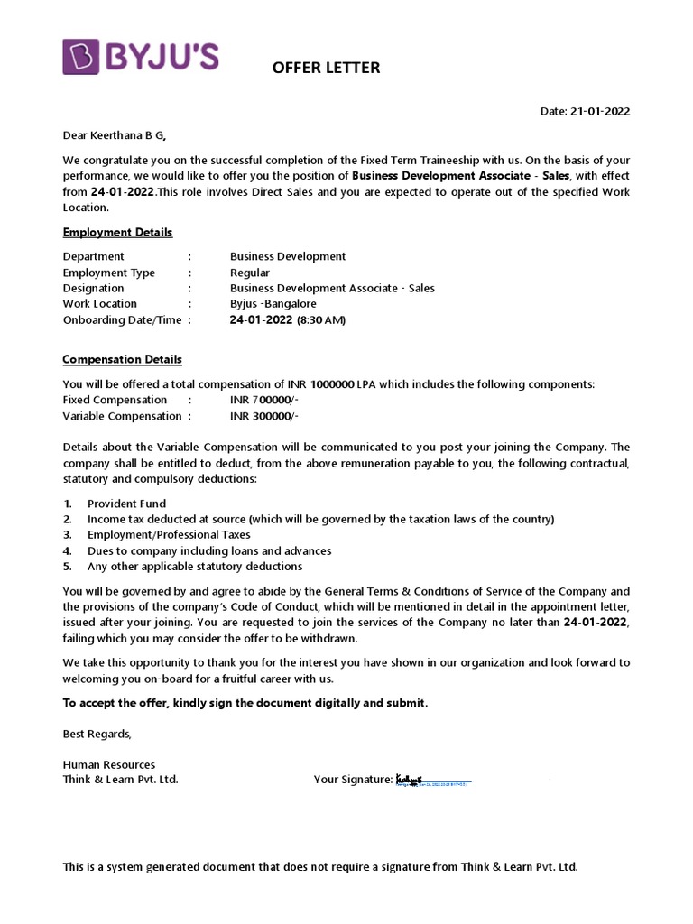 Byjus - Offer Letter - TNL71880347 - Encrypted | PDF