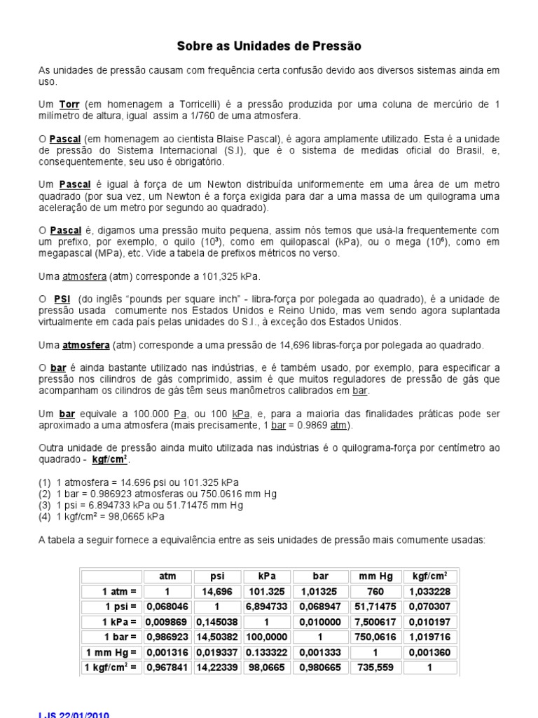 Sobre as unidades de pressão | Pressão | Quantidades Físicas