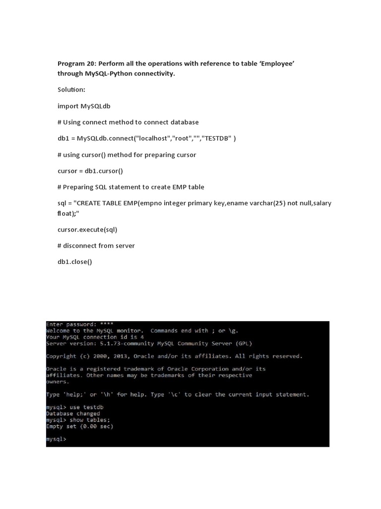 Program 20: Perform All The Operations With Reference To Table Employee' Through Mysql-Python ...