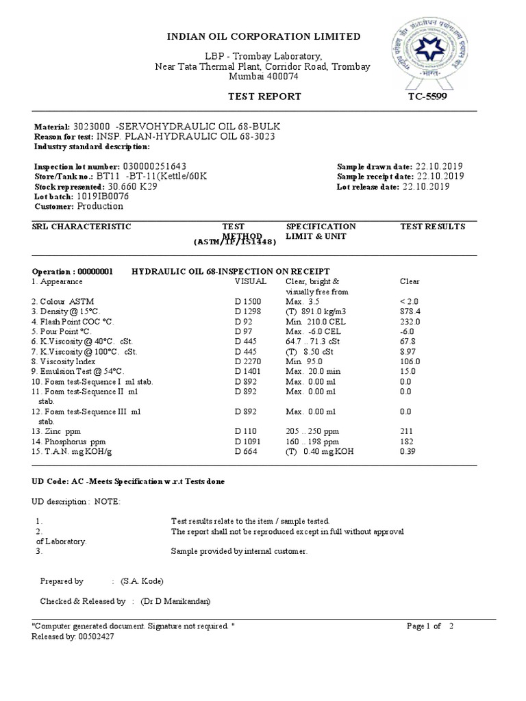 Hydraulic Oil 68 Test Report | PDF | Business | Computers