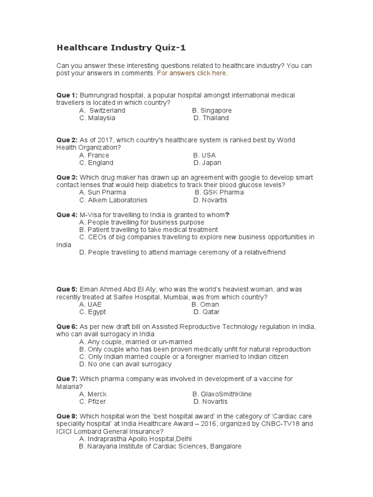 Healthcare Industry Quiz-1: For Answers Click Here | PDF ...