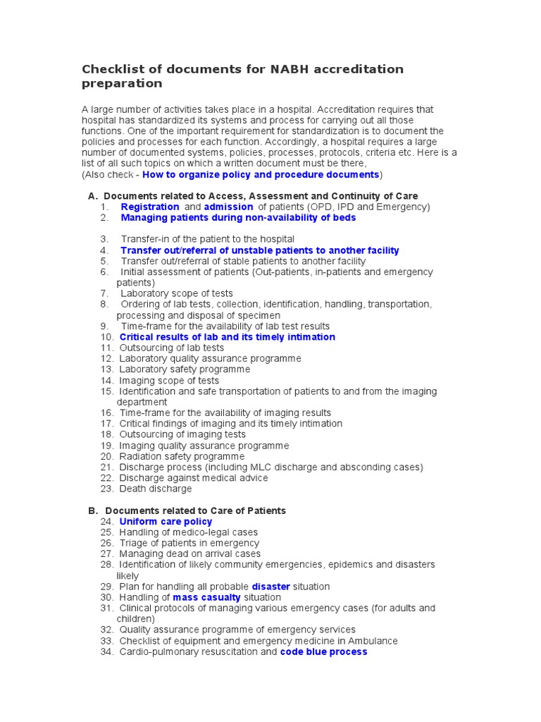 3.checklist of Documents For NABH Accreditation Preparation | PDF ...