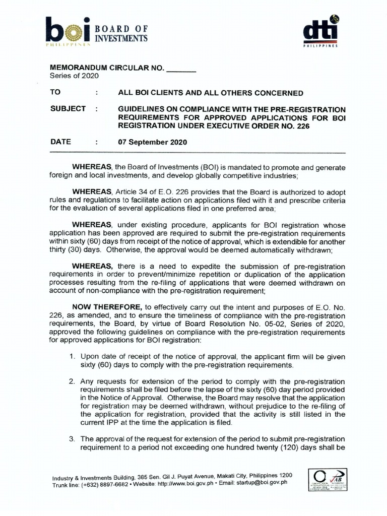 BOIMemorandum Circular No. 2020 005 Guidelines On The Compliance With ...