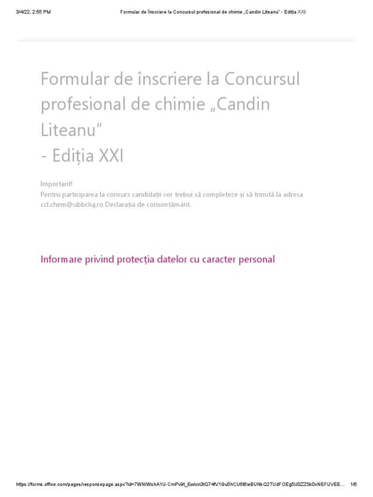 Formular de Înscriere La Concursul Profesional de Chimie Candin Liteanu ...