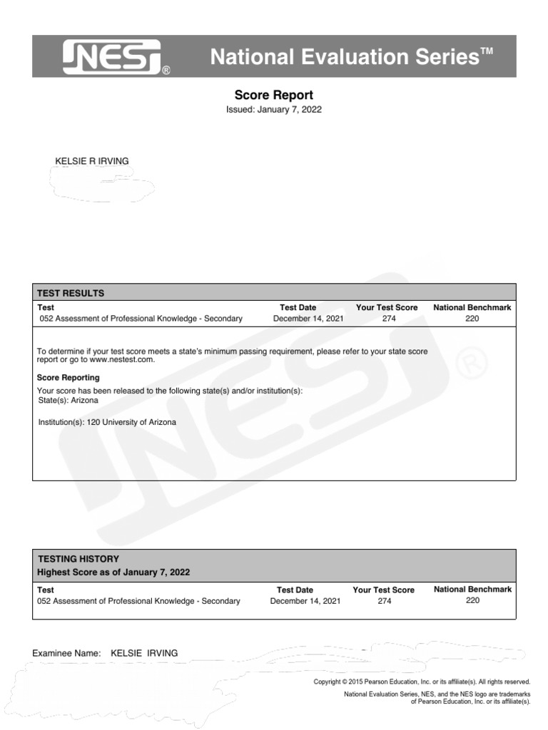 Nes Score Report Redacted | PDF | Test (Assessment) | Educational ...