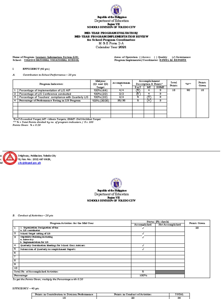 Department of Education: M & E Form 2-A Calendar Year 2021 | PDF