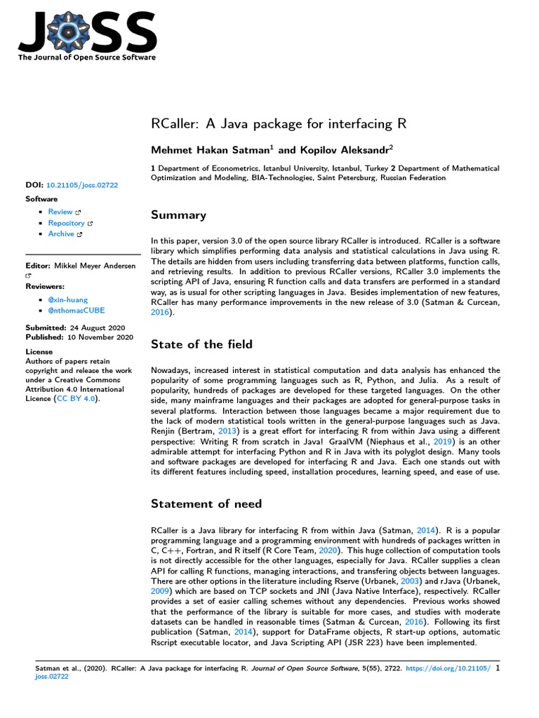 Rcaller: A Java Package For Interfacing R: Mehmet Hakan Satman and Kopilov Aleksandr | PDF ...