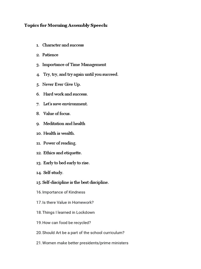 Topics For Morning Assembly Speech | PDF