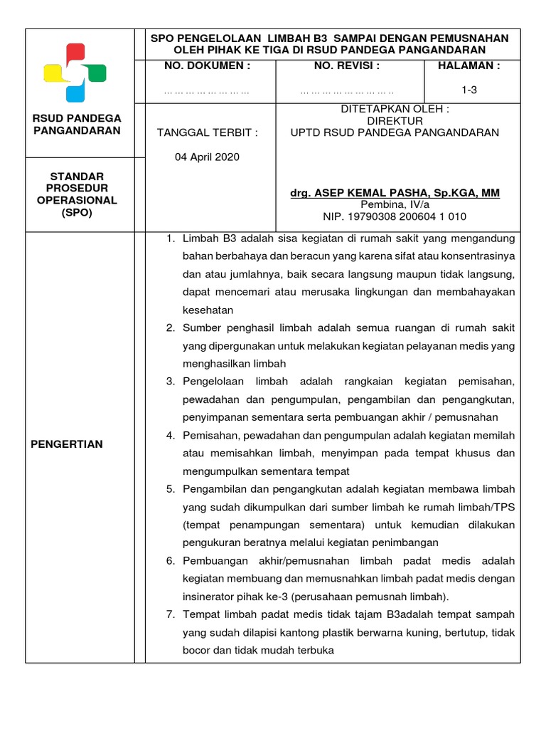 Spo Pengelolaan Limbah b3 Sampai Dengan Pemusnahan Oleh Pihak Ke Tiga Di Rsud Pandega ...