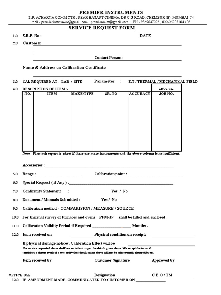 Premier Instruments Service Request Form: Customer | PDF | Calibration ...