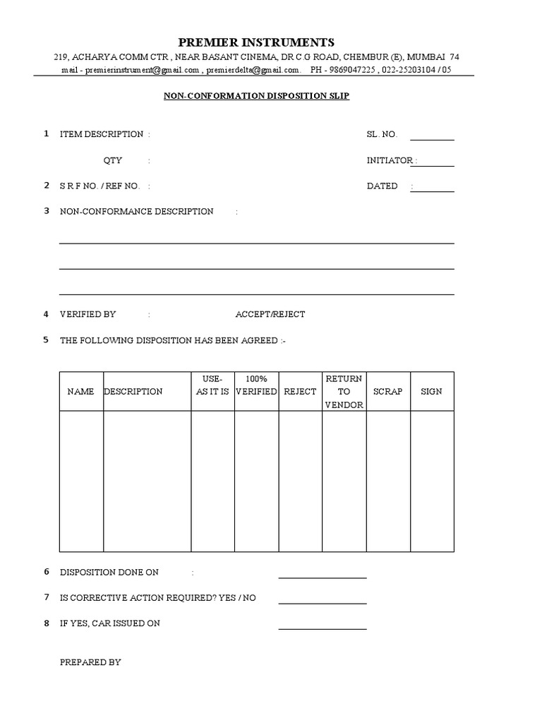 PFM-8-0 Non Conformance Disposition Slip | PDF