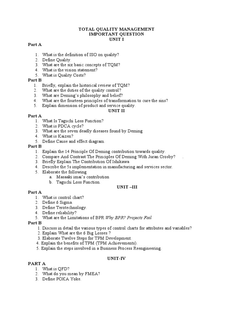 TQM Important Questions and Answers | PDF | Quality (Business ...
