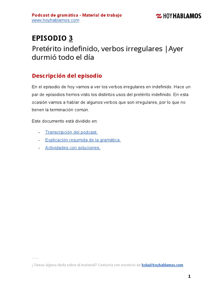 Verbos Irregulares en Pretérito Indefinido 1 | PDF | Verbo | Plural