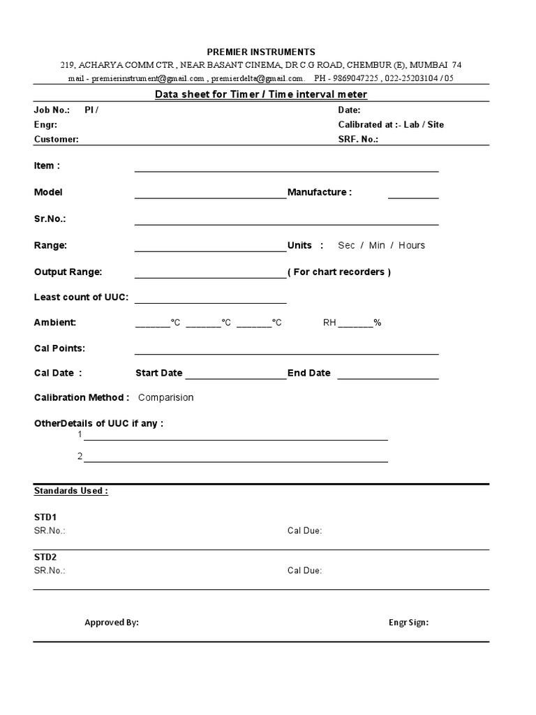Data sheet timer calibration | PDF | Metrology