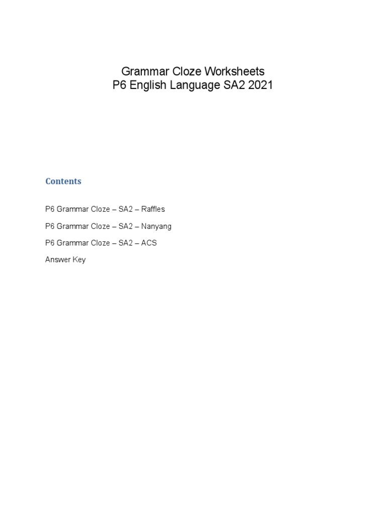 P6 Grammar Cloze Worksheet SA2 2021-2 | PDF