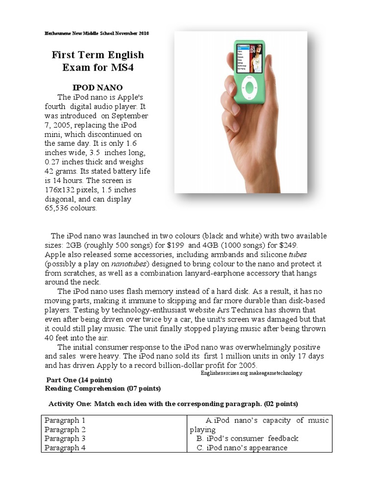 First Term English Exam For MS4: Ipod Nano | PDF | I Pod | Cognition